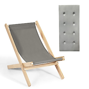 Giantex Beach Sling Chair, Outdoor Lounge Chair, Indoor Living Room Chaise Lounge with 3 Adjustable Positions, Wood Frame, Thick Cushion, for Sunbathing, Dual Purpose Folding Camping Chairs (1, Gray)