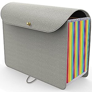Sooez 24 Pockets Accordion File Organizer, Letter Size, Durable Leather Expanding File Folder, Paper Bill Tax Receipt Organizer, Large Capacity Document Holder with Blank Labels, Light Gray