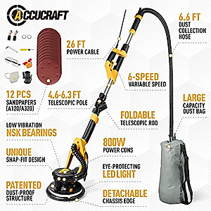 Drywall Sander, 800W Powerful Electric Drywall Sander with Vacuum, 99% Dust Absorption Dust-free Design, 6 Variable Speed 500-1800RPM, 26' Power Cord, LED Light, for Popcorn Ceiling