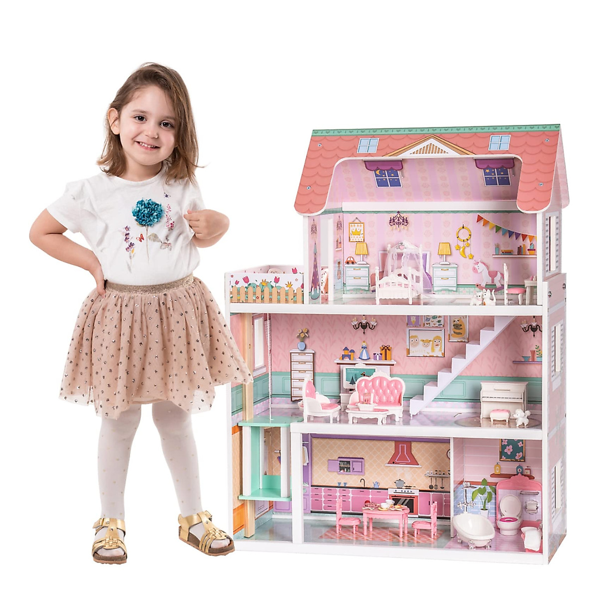 ROBUD Wooden Dollhouse with Elevator 20pcs Furniture 3-Storey Preschool Toy Dollhouse for Kids Girls