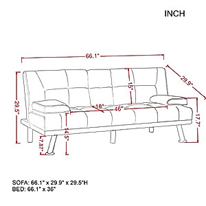 Verfur Modern Futon Sofa Bed-Compact Design for Small Spaces-Comfort Convertible Sleeper Loveseat Couch with for Premium Fabric Sofabed, Light Grey w/ 2 Cupholders and Removable Pillow Top Armrest