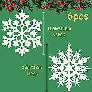 6pcs Large White Snowflakes Ornaments 12” Big Plastic Glitter Snowflake for Winter Indoor Outdoor Christmas Tree Window Room Decorations Giant Craft Snowflakes