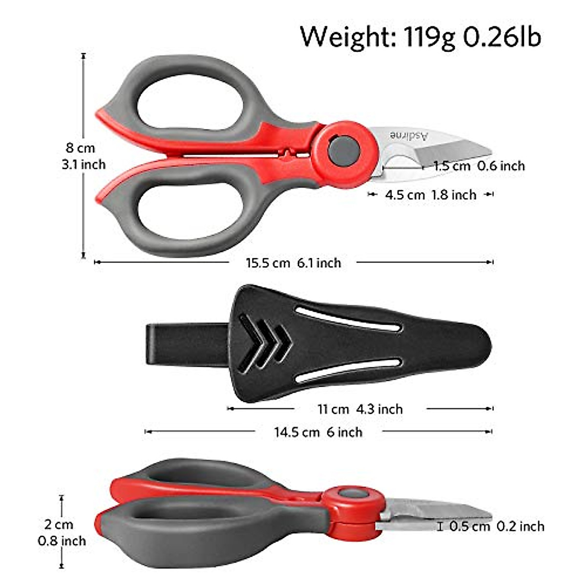 Asdirne 2 Pack Electrician Scissors, Heavy Duty Stainless Steel Sharp Blades and Soft Rubber Grip, Electrician Shears with Protective Cover, 6.1 Inch (Gray/Red)