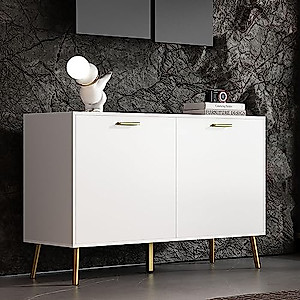 FAMAPY Modern Sideboard Buffet Storage Cabinet with Doors, Wood Buffet Table Kitchen Storage Cabinet with Gold Metal Legs, White (46.2”W x 15.6”D x 28.6”H)