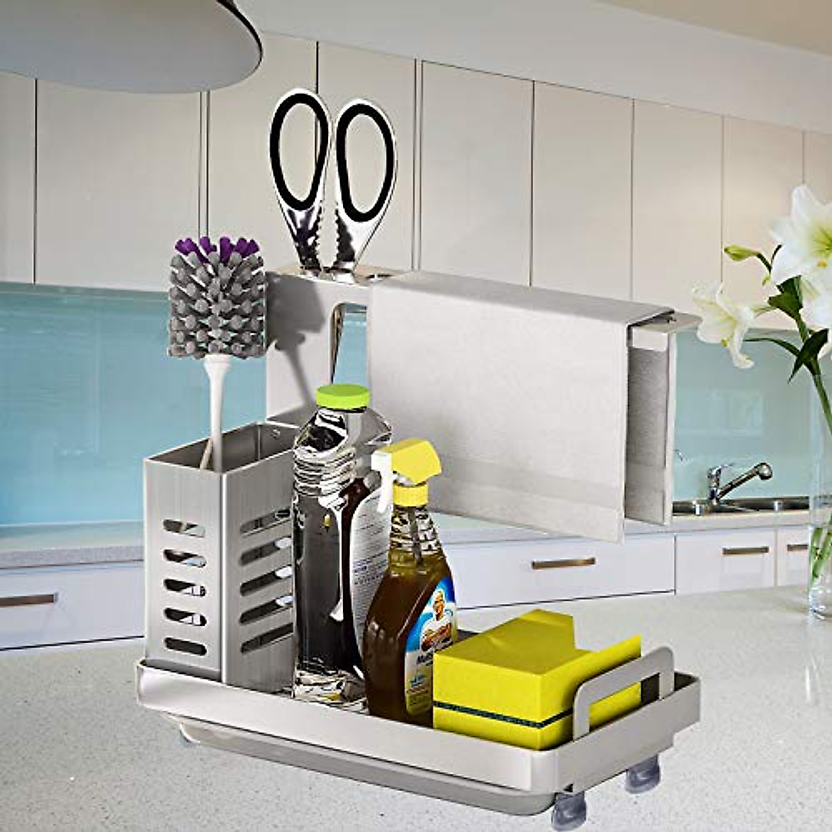 BeBeHome Sink Caddy Organizer, Sponge Holder for Sink Soap Brush Dispenser Holder with Rag Rack Suction Cup Dishcloth Holder with Drain Pan Stainless Steel Silver 9.5X4.5X8.9 in