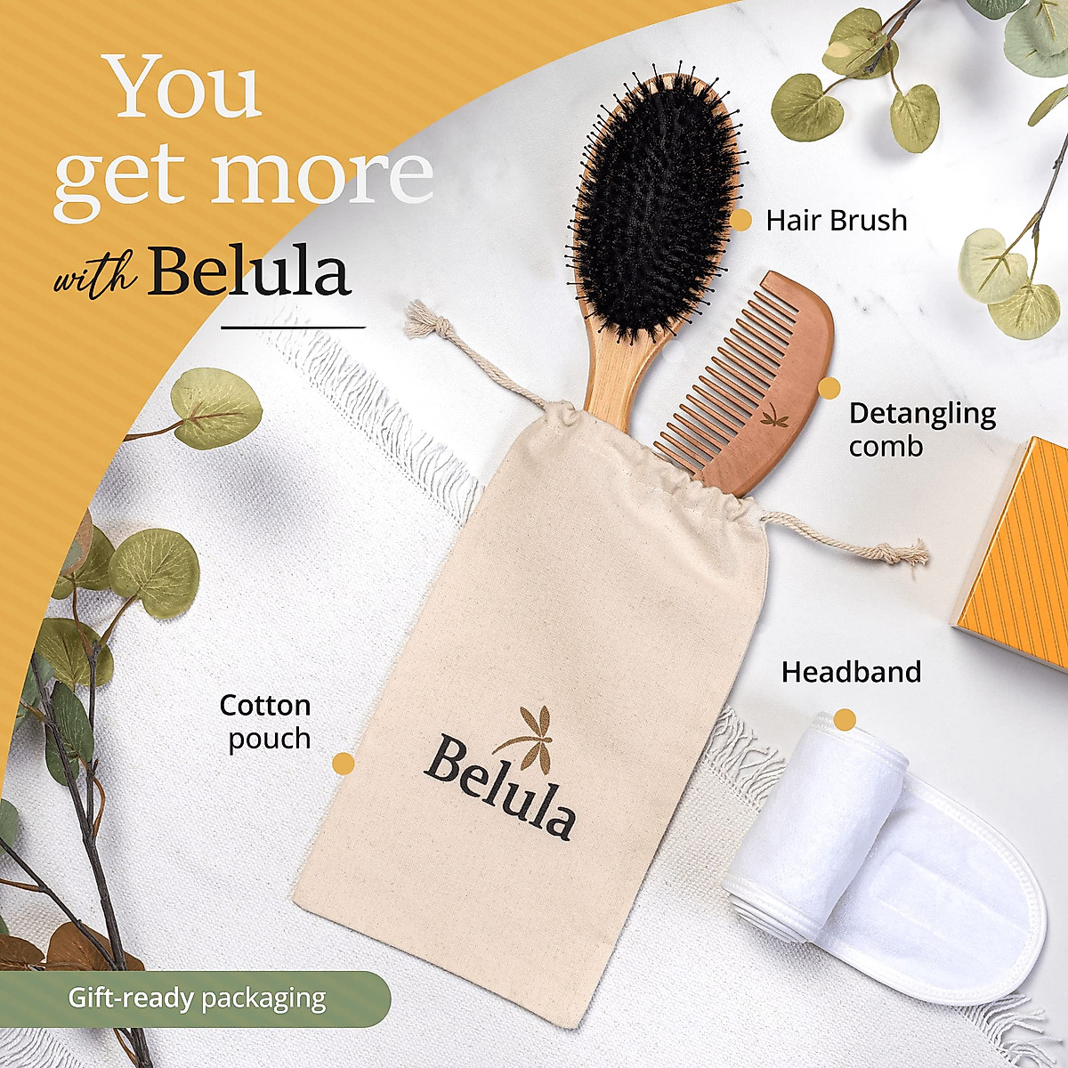 Premium Boar Bristle Hair Brush for Thick Hair Set. Hairbrush for Women With Thick, Long or Curly Hair. Restores Hair's Shine and Health. Comb, Travel Bag & Spa Headband Included