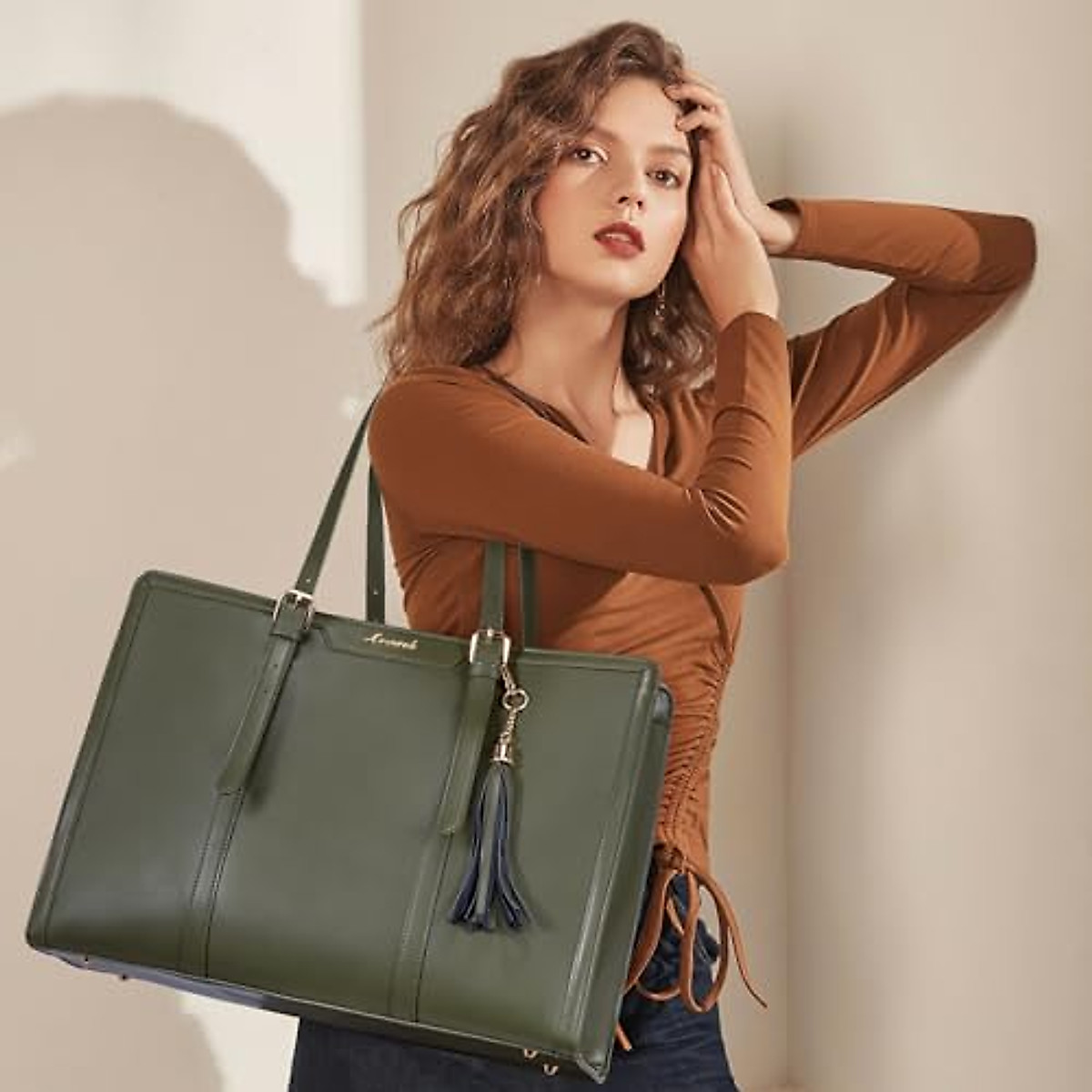 LOVEVOOK Laptop Bag for Women - 15.6 inch Lightweight PU Laptop Tote, Large Capacity Computer Bag with Clutch Purse for Business, Work, Travel, School, Casual (Olive Green, 15.6 Inch)