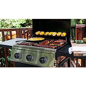 Megamaster 3-Burner Propane Gas Grill with 2 Foldable Side Tables, 30000 BTUs, Perfect for Camping, Outdoor Cooking, Patio and Garden Barbecue Grill, Silver and Black, 720-0988EA