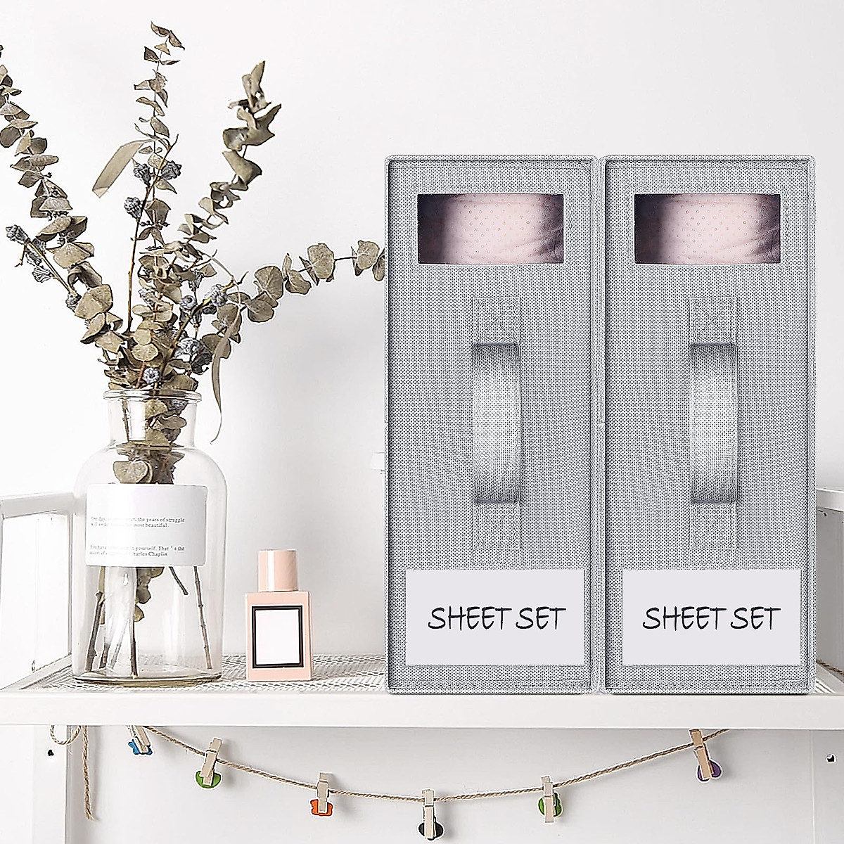 HSFTEC Foldable Bedding Organizer, Fabric Storage Bins for Bed Sheets, Duvet Covers and Pillowcases, Closet Organizer, Storage Container Boxes for Blankets, Clothes (2 pack(Queen or King), Grey)