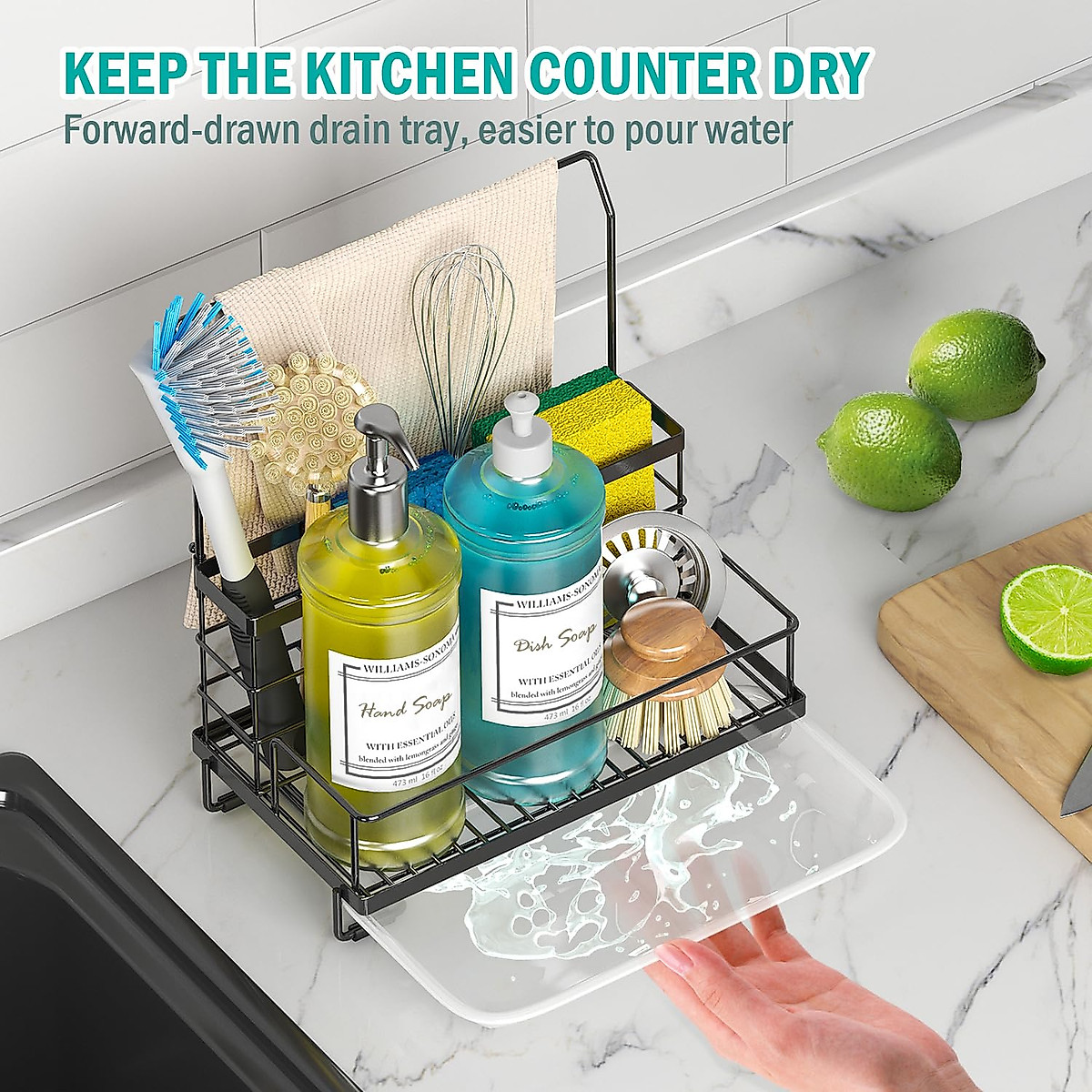 Trendy Sink Caddy Kitchen Sink Organizer, Sponge Holder for Kitchen Sink with Removable Drip Tray, Dish Brush Holder Soap Holder, Stainless Steel Rustproof Sink Tidy Caddy for Countertop - Matte Black