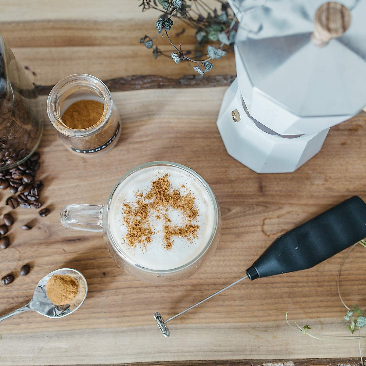 GROSCHE Milano Stove top espresso maker (6 espresso cup size 9.3 oz) White Moka pot, and battery operated milk frother bundle for lattes