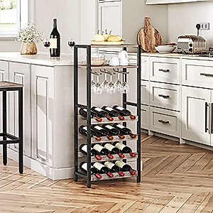 HOOBRO Freestanding Wine Rack, 16-Bottle Wine Storage Rack with Tabletop and Glass Holder, 6-Tier Bar Rack, for Kitchen, Bar, Dining Room, Greige and Black BG04JJ01