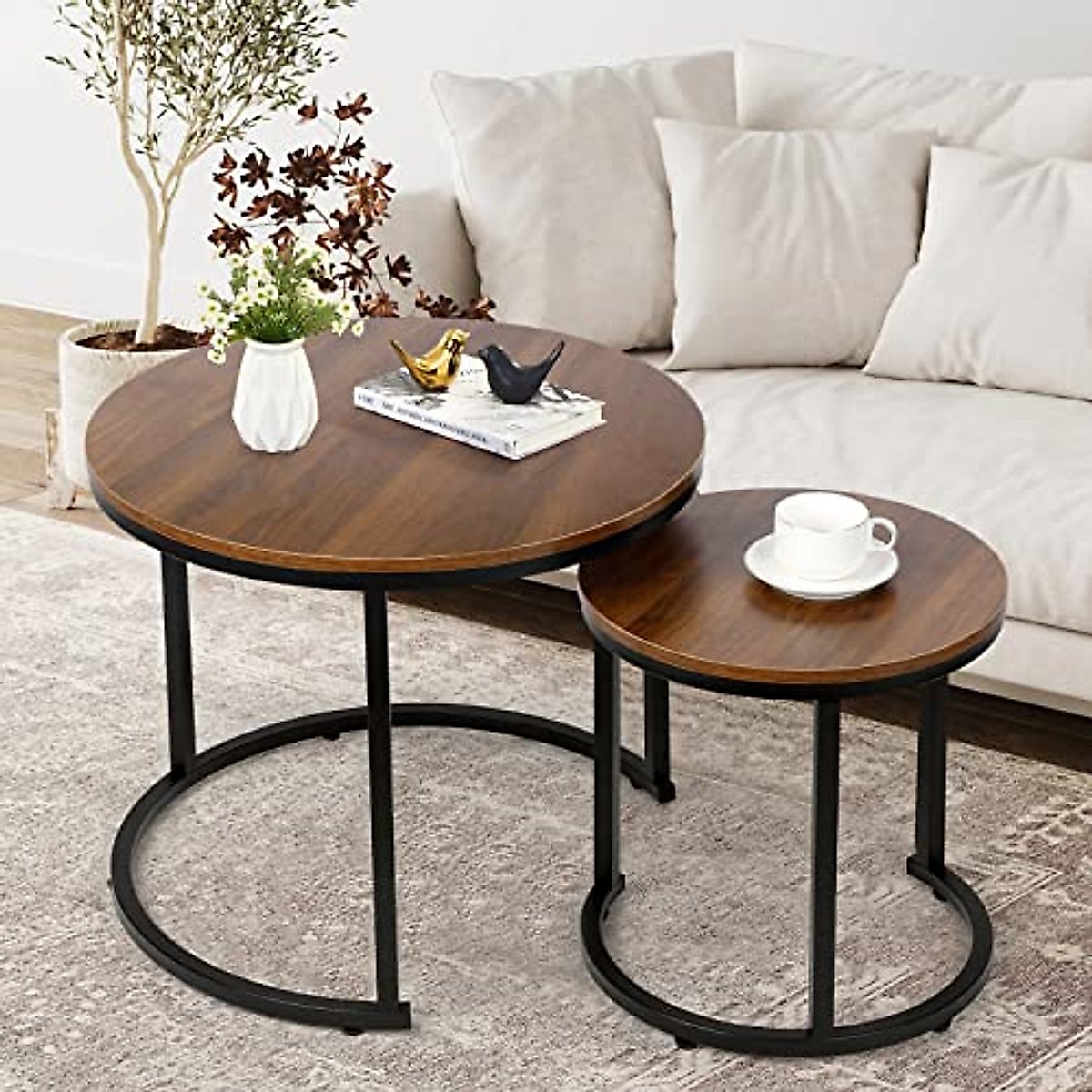 Coffee Tables for Living Room - Small Round Coffee Table Set of 2, Center Table with Solid Wood Grain Table Top and Sturdy Metal Frame, Nesting Tables for Small Spaces, Easy to Assemble (Walnut)