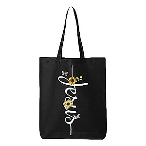 shop4ever Jesus Script Cross with Flowers and Butterflies Eco Cotton Tote Reusable Shopping Bag Black ECO 1