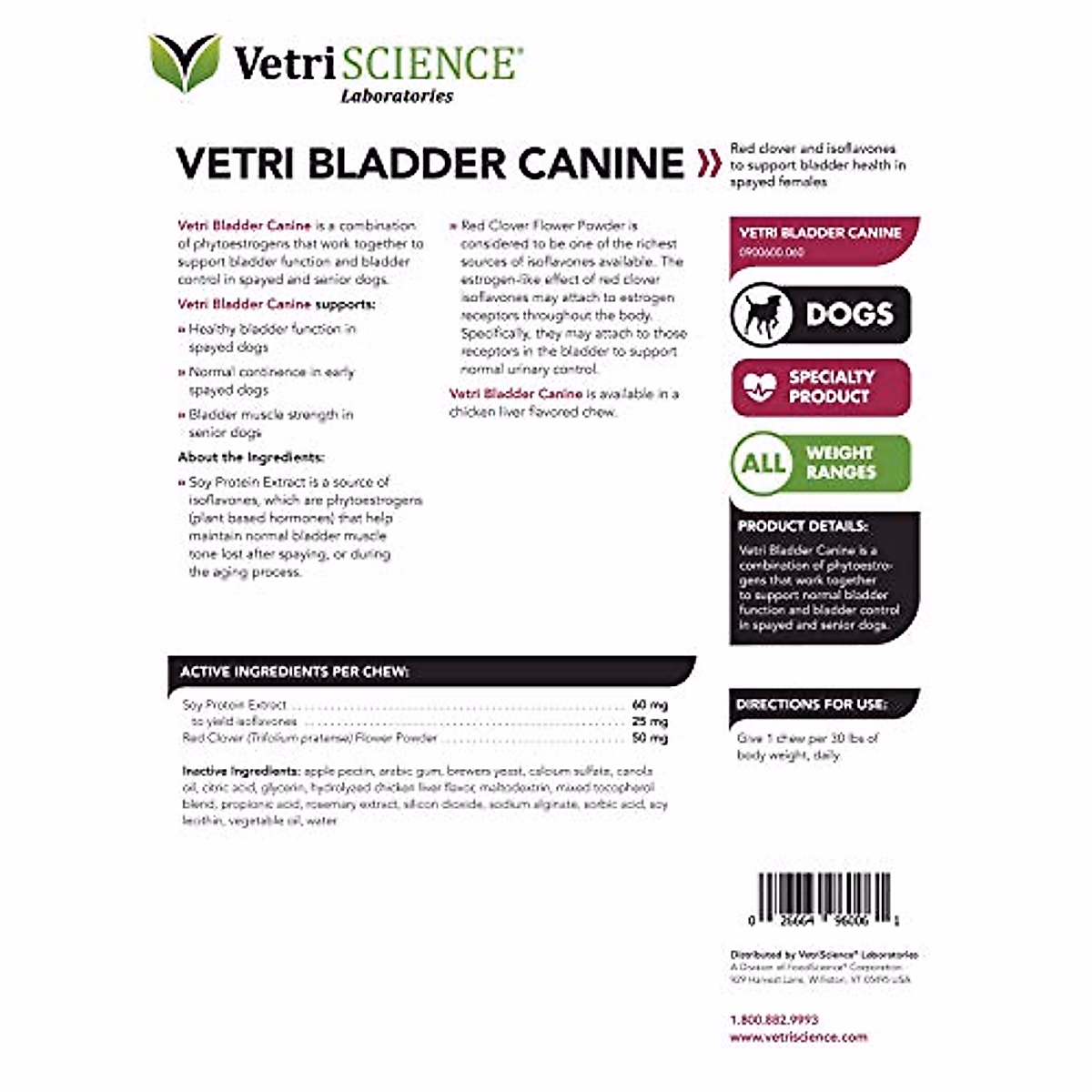 VetriScience Vetri Bladder Canine, 60 Chicken Flavored Chews - Bladder Control Supplement for Dogs with Red Clover Flower