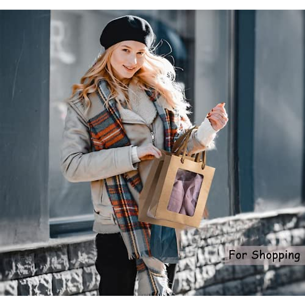 Dasofine 12pcs Brown Gift Bag with Window, Sturdy Paper Tote with Transparent Window, 5.9"×3.9"×7.9" Paper Gift Bags with Handles, Flower Bouquet Bags