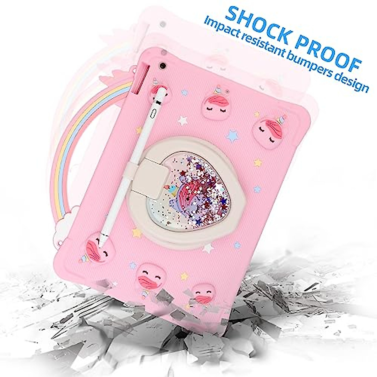 [Super Cute Rainbow Handle Unicorn Case] Pop it Case iPad Mini 6th Generation 2021 (8.3 Inch) Cover for Kids Girls with Hand Strap and 360° Rotating Stand - Pink