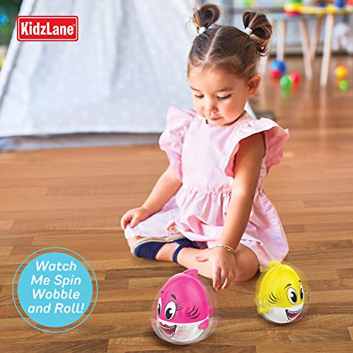 Kidzlane Shark Bath Toy for Babies and Toddlers | 2-Pack Pink and Yellow Bath Toy with Sound Effect | Weeble Wobble Toy for Babies | Shark Toy for Toddlers 6 Months +