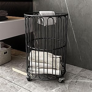 GZYWZXL Laundry Basket with Wheels, Metal Cart Basket Clothes Storage Organization Bin for Bedroom, Bathroom and Laundry Room Organization (Color : Black, Size : 36 * 52cm)