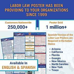 2023 California State & Federal Labor Law Poster - OSHA Workplace Compliant & Required - Current with Mandatory Updates for 2023 - UV Laminated & Waterproof - 25" x 39" (English)