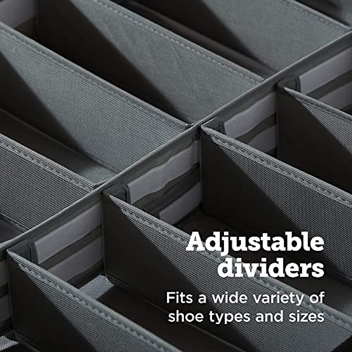 Low Profile Under Bed Shoe Storage Organizer, 4.5'' Tall and Fits Beds 5'' Off the Floor, Adjustable Dividers, Underbed Shoe Storage Solution - Set of 2 (Dark Grey)