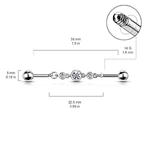 Pierced Owl 14GA Triple CZ Rounds on a Chain 316L Surgical Stainless Steel Industrial Barbell for Cartilage (Gold tone/Clear)