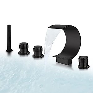 AZOS Waterfall Roman Tub Filler Faucet Deck Mount Widespread Bathroom Bathtub Faucet 5 Hole 3 Handles Black Waterfall Tub Filler Faucet Bathtub Faucet