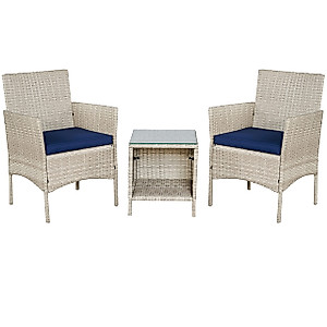 BTEXPERT Outdoor Wicker Conversation 3 Piece Bistro Set Garden Patio Yard Porch Furniture Space Saving Pe Rattan 2 Chairs Cushions Side Storage Glass Table Stone Gray/Navy Blue 3pc