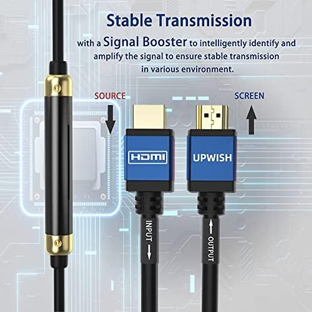 UPWISH 4K HDMI Cable 75 Ft with Signal Booster | HDMI 2.0 High Speed Unidirectional Cables 4K60Hz 2K 1080P 3D ARC HDCP2.2 Ethernet Cord | for UHD TV Monitor Laptop Xbox PS4 PS5 (22.8m)
