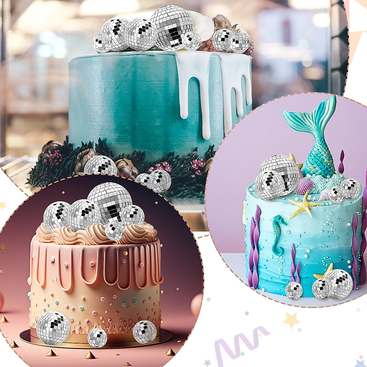 Geetery 70 Pcs Disco Ball Cake Topper Various Sizes Reflective Mirror Silver Mini Small Disco Ball Cake Decorations for Centerpiece 70s 80s Birthday Party Wedding Decor