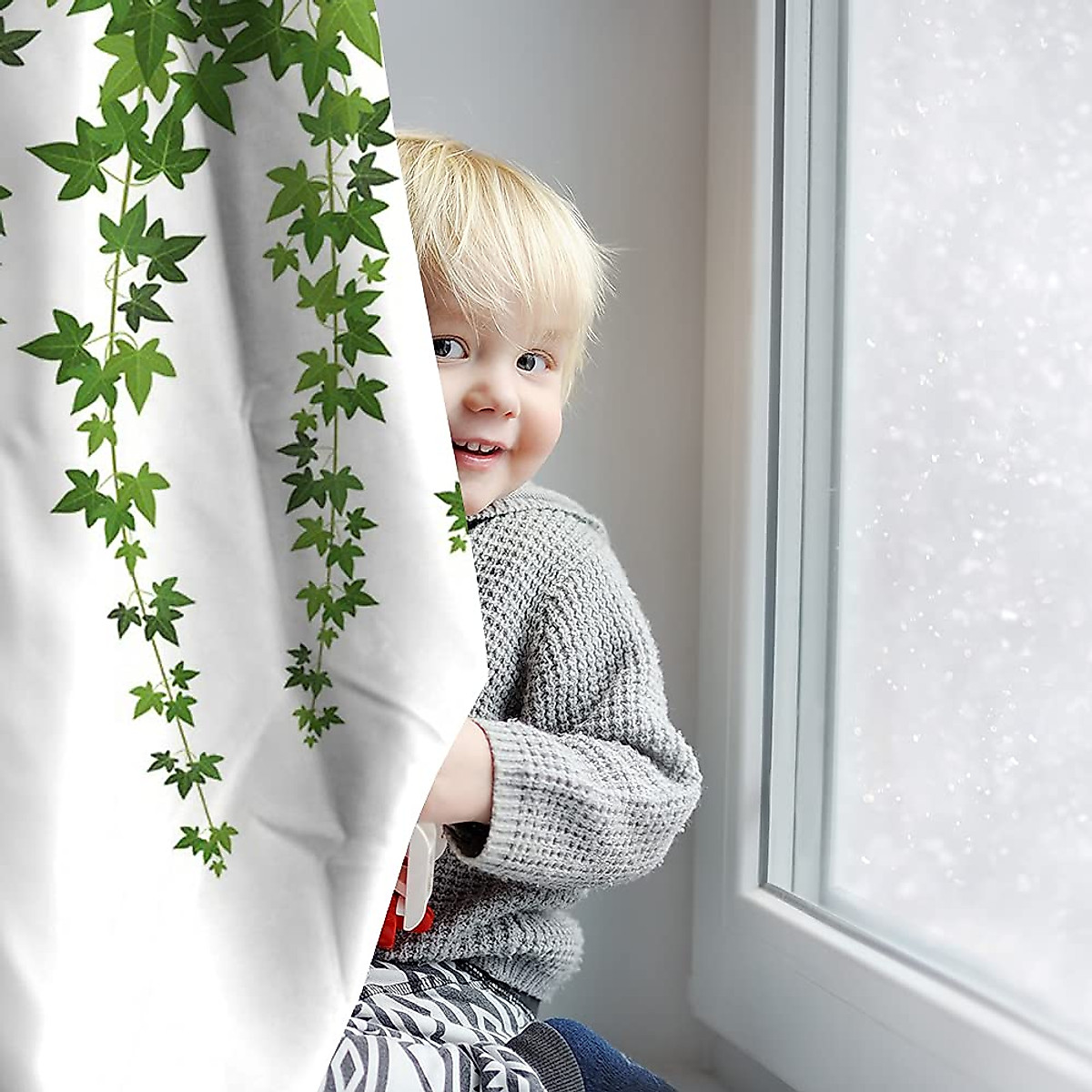 QiyI Green Ivy Plants Window Curtain Panels, Garden Foliage Creepers on White 2 Panels Blackout Curtains for Living Room Bedroom, Nursery Full Light Blocking Door Window Treatment Drapes 52 x 84 Inch