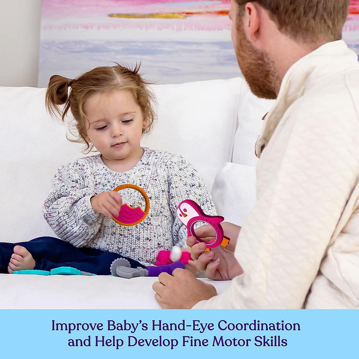 Baby Teething Toys for Newborn, Infants 0-6 Months Silicone Teethers for Babies 6-12 Months BPA Free (Penguin - Pink & Orange)