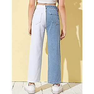 Floerns Girls Colorblock High Waist Ripped Jeans Destroyed Denim Pants White Blue Multi 160