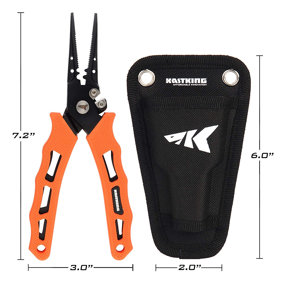 KastKing Cutthroat 7 inch Fishing Pliers, 420 Stainless Steel Fishing Tools, Saltwater Resistant Fishing Gear, Tungsten Carbide Cutters, 7" Straight Nose, Orange
