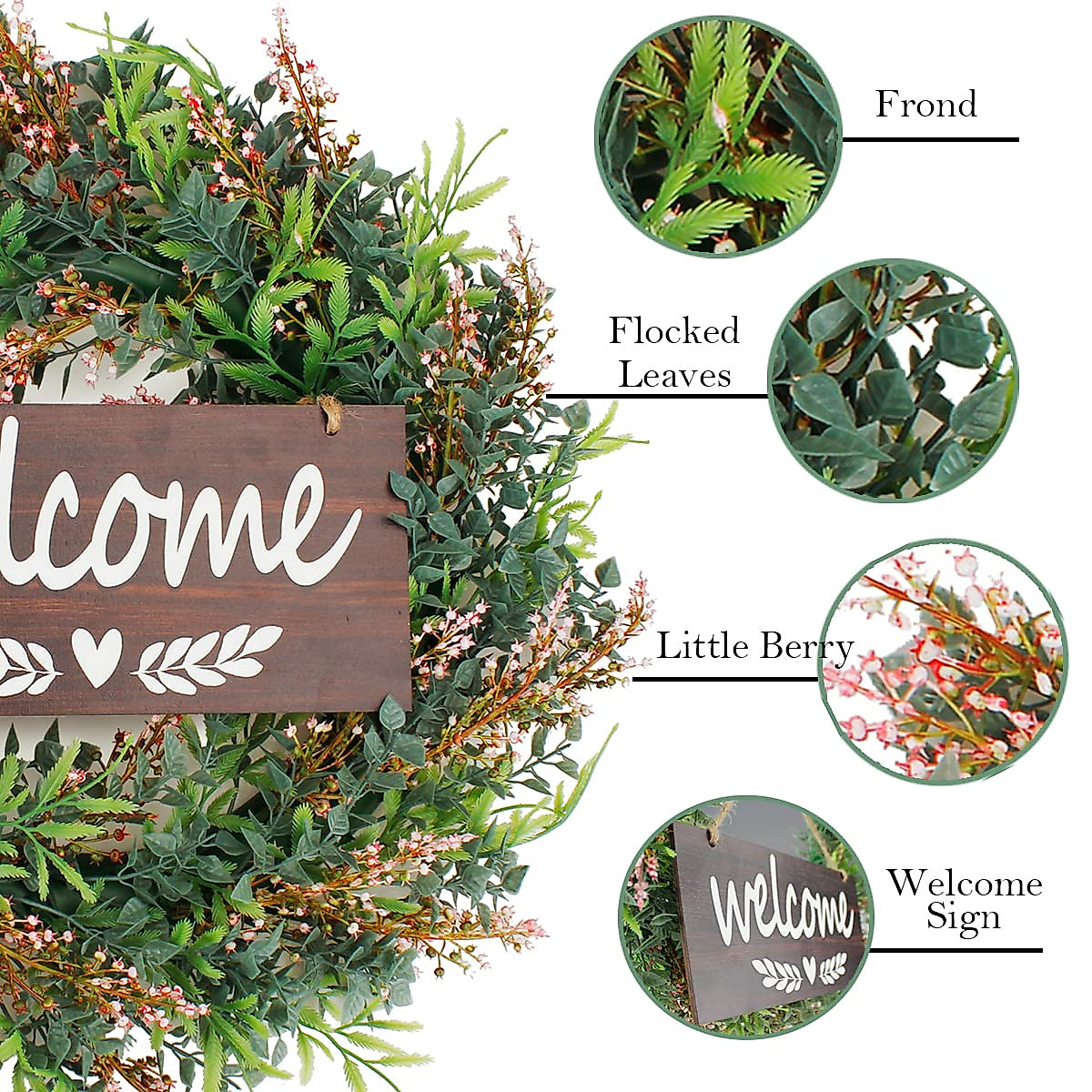 18in Artificial Green Wreath for Front Door with Welcome Sign Red Flower Fall Christmas Wreath Gypsophila Green Leaves Wreath for Window Home Porch Farmhouse Patio Garden Party Decor