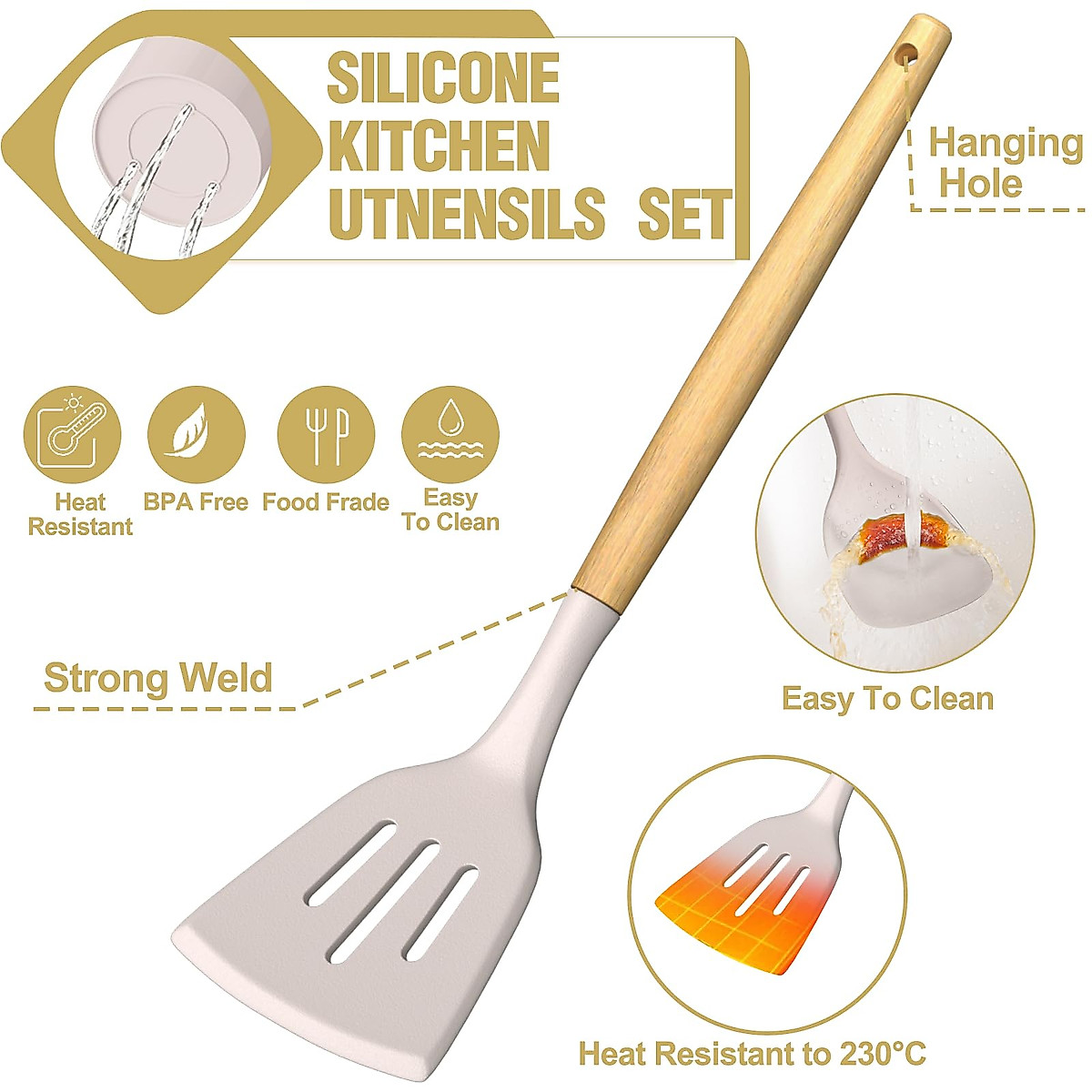 Umite Chef Silicone Kitchen Utensil Set, 34PCS Heat Resistant Kitchen Gadgets and Tools With Grater, Wood Handles for Nonstick Cookware