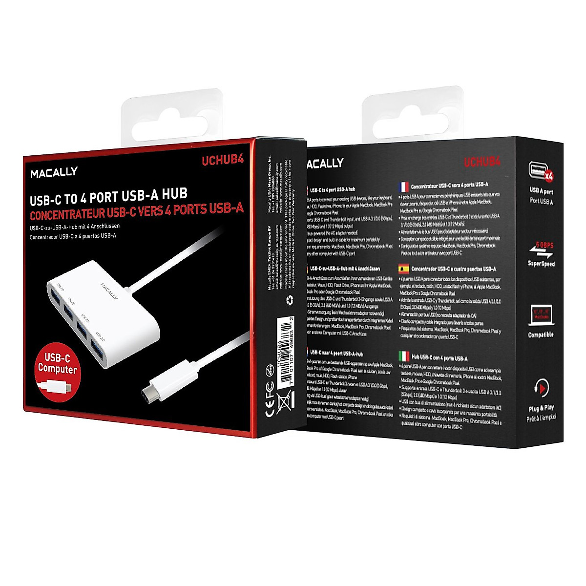 Macally Uchub4 USB-C Hub 10 CM Cable White with 4 USB-A Ports