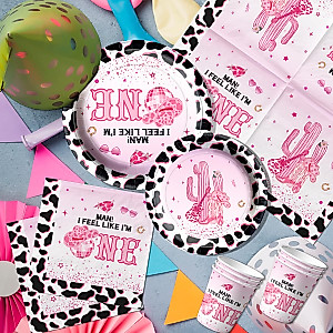 Western Cowgirl Birthday Party Decoration,142Pcs Pink Disco Cowgirl 1st Tableware Set I’m One Cowgirl Plates Napkins Cowgirl Tablecloth for My First Rodeo Let’s Go Cowgirl 1st Baby Shower Decoration