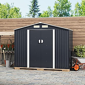 HOGYME 9.1' x 6.3' Storage Shed, Sheds & Outdoor Storage with Double Sliding/Lockable Door, Metal Tool Shed for Garden Backyard Patio Lawn, Gray
