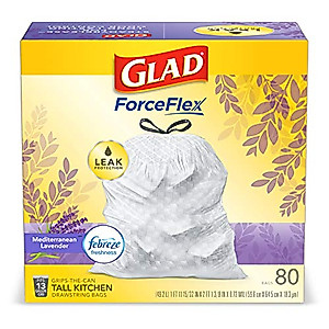 Glad ForceFlex Tall Kitchen Drawstring Trash Bags 13 Gallon White Trash Bag, Mediterranean Lavender scent with Febreze Freshness 80 Count (Package May Vary)