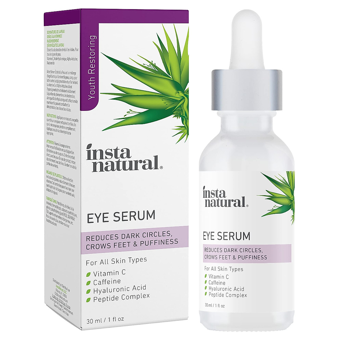 InstaNatural Eye Serum, Brightens, Minimizes the Appearance of Fine Lines, Eye Puffiness and Dark Circles, with Vitamin C, Caffeine and Hyaluronic Acid, 1 Fl Oz