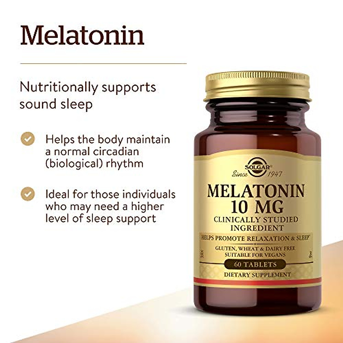Solgar Melatonin 10mg, 60 Tablets - High-Dosage - Helps Promote Relaxation & Sleep - Clinically-Studied Melatonin - Supports Natural Sleep Cycle - Vegan, Gluten Free, Dairy Free, Kosher - 60 Servings