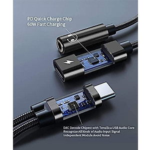 USB C to 3.5mm Headphone and Charger Adapter, 2 in 1 USB C to 3.5mm Headphone Jack Adapter Hi-Res DAC and Fast Charging Dongle Compatible with Google Pixel 5 4 3 XL, Galaxy S22/S22+/S21, Note 10/20