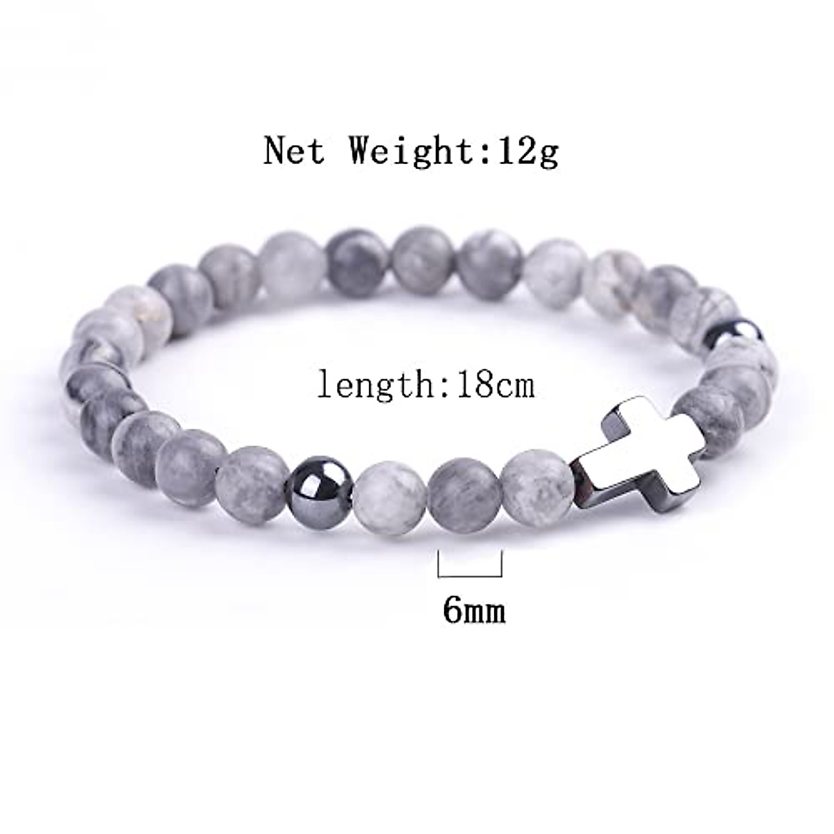 Softones 6mm Cross Beaded Bracelet for Girls Women Natural Stone Stretch Link Prayer Bracelet for Boy Girls,7.1"