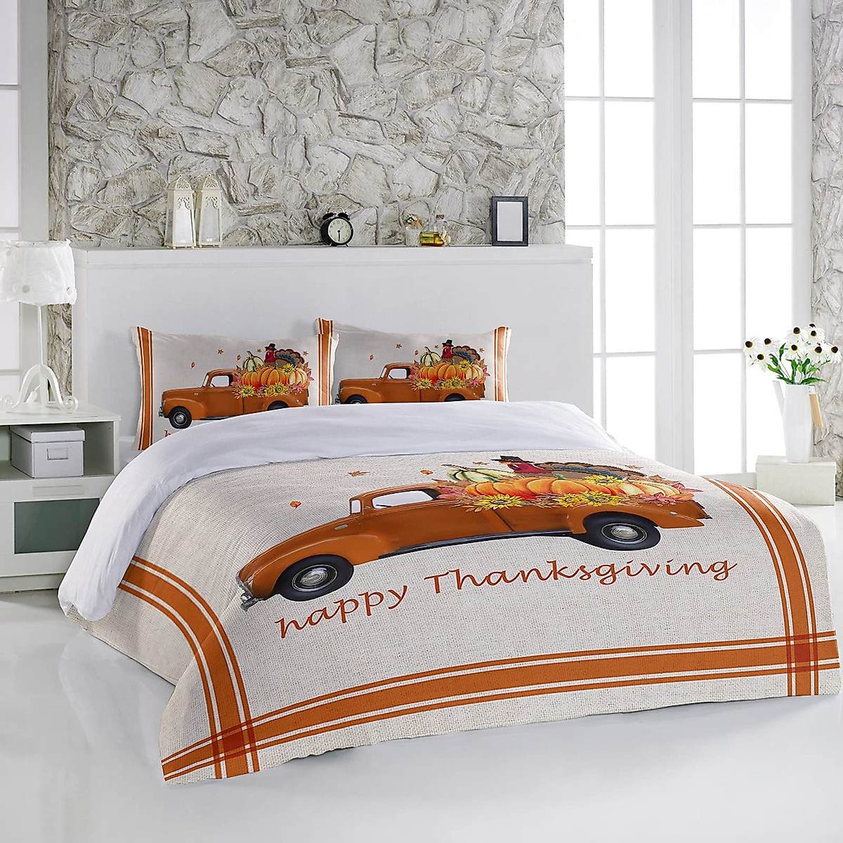 Autumn Orange Truck Queen Duvet Covers Farm Car Thanksgiving Turkey Pumpkins 3-Piece Bedding Sets Luxury Soft Microfiber Bed Comforter Protector with Pillow Cases for Women Men Girl Boy Orange Line