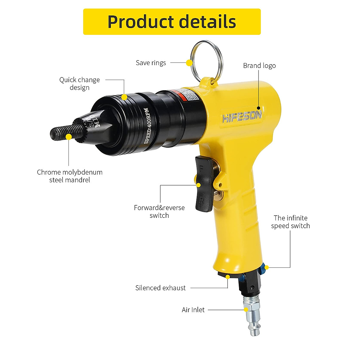 HIFESON Pneumatic Rivet Nut Gun with 1/4 & 5/16 & 3/8 Self-Locking Head Gun,Quick-Change Mandrels,Industrial Grade Adjustable Speed Air Rivnut Gun