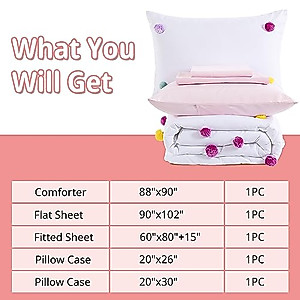 HOMBYS Pom Poms Bedding Comforter Set for Girls, 5 Piece White Pink Boho Kids Comforter Set for All Season，Full/Queen Size