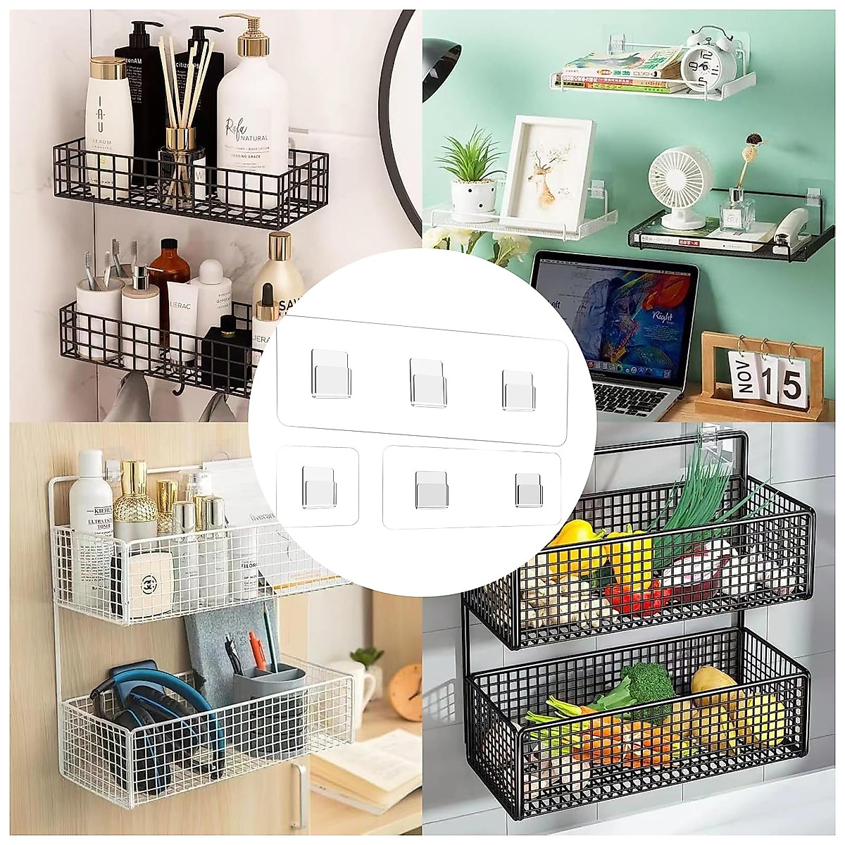 Chris.W 14 Pcs Shower Caddy Adhesive, Strong Adhesive Wall Hooks,Shower Shelf Adhesive Strips Replacement Clear Flat Hook, Waterproof, No Drilling for Bathroom Storage Shelves Kitchen Racks