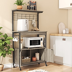 Bestier Microwave Stand with Storage Cabinet, Height-Adjustable Bakers Racks for Kitchen with Wheels & Feet, Industrial Rolling Coffee Bar Shelf with 10 S-Hooks Grey Wash