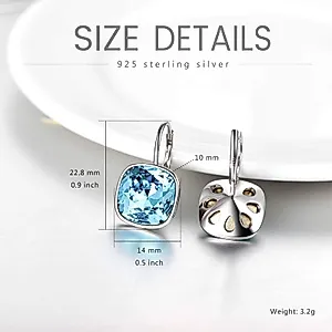 AOBOCO Sterling Silver Leverback Earrings with Simulated March Birthstone Crystals from Austria, Hypoallergenic Simulated Aquamarine Earrings, Fine Birthday Jewelry Gifts for Women Grandma Wife Mom